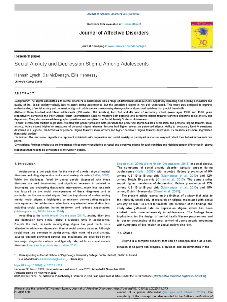 Journal of Affective Disorders: Social Anxiety and Depression Stigma ...