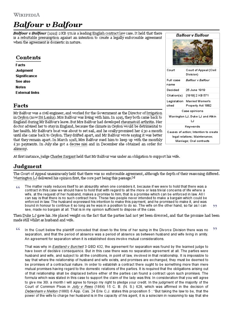 1919 (EC-18) Balfour V Balfour (Domestic Agreement) | PDF | Contract ...