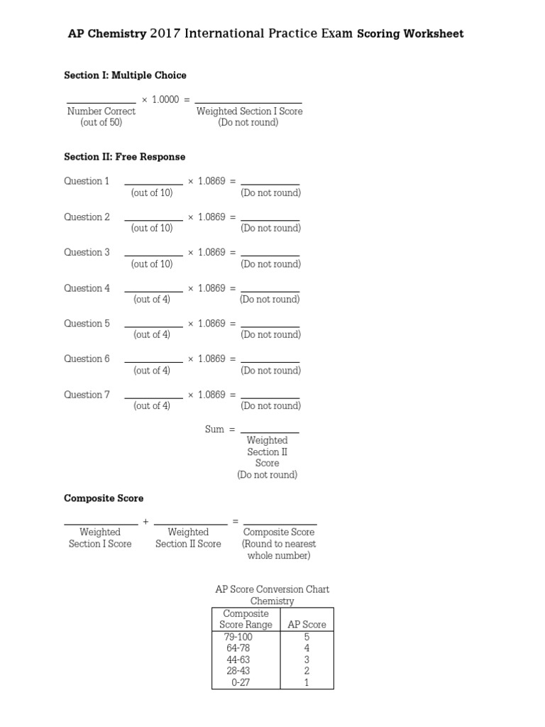 AP Chemistry 2017 International Practice Exam Scoring Worksheet | PDF
