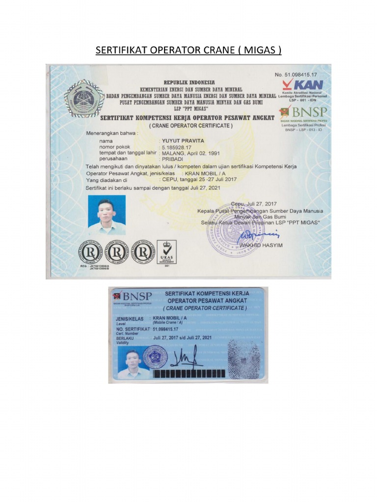 Sertifikat Operator Crane (Migas) | PDF