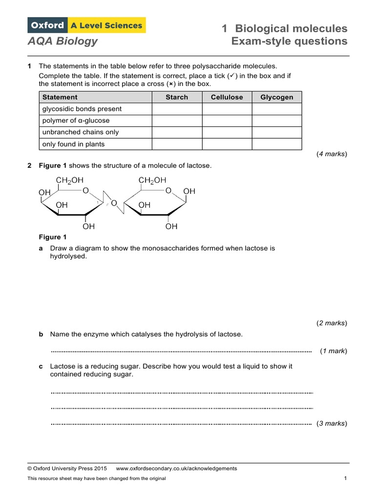 AQA Biology: 1 Biological Molecules Exam-Style Questions | PDF ...