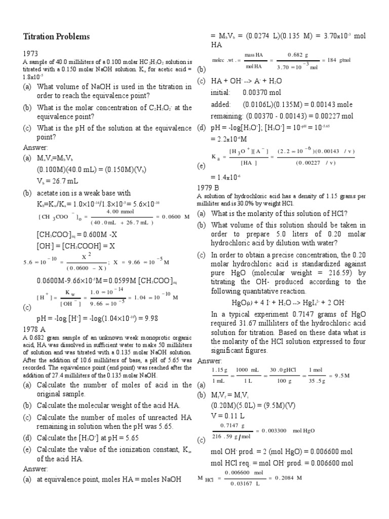 Titration Problems AP Chemistry | PDF | Titration | Chemistry