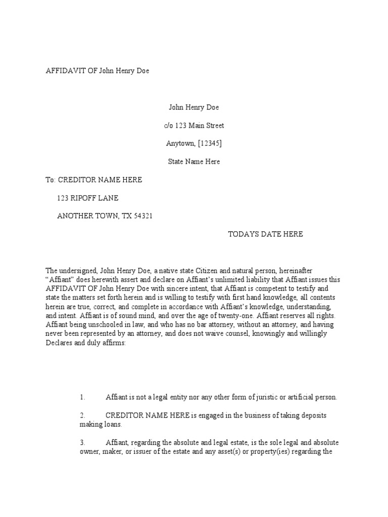 AFFIDAVIT OF John Henry Doe RE CREDITOR | PDF | Trust Law | Affidavit