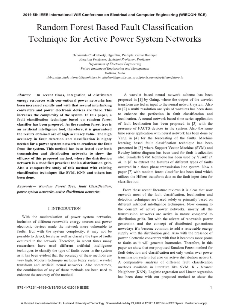 Random Forest Based Fault Classification Technique For Active Power System Networks | PDF ...