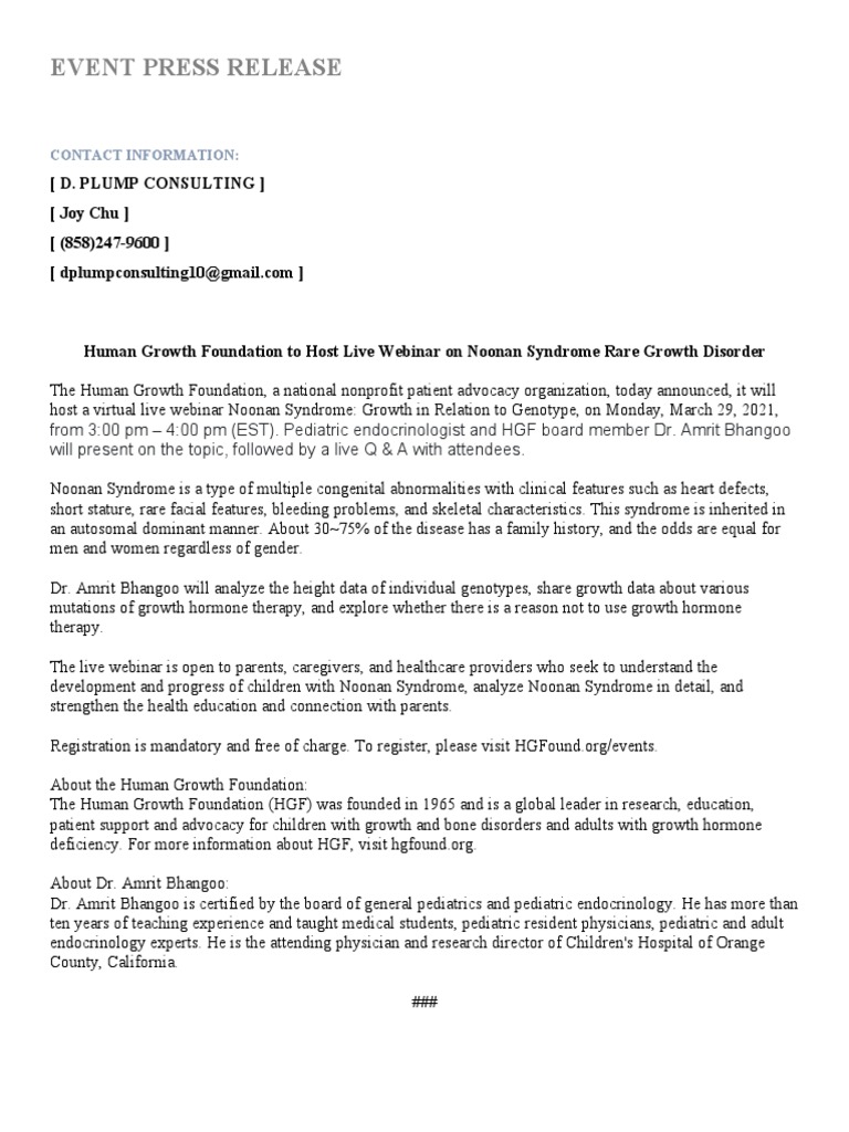 Human Growth Foundation To Host Live Webinar On Noonan Syndrome Rare ...