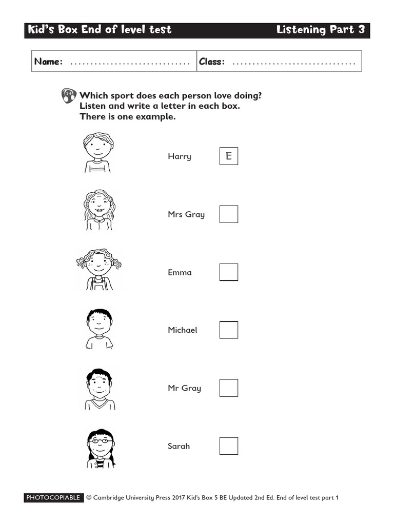 Kid's Box End of Level Test Listening Part 3: Name: Class | PDF