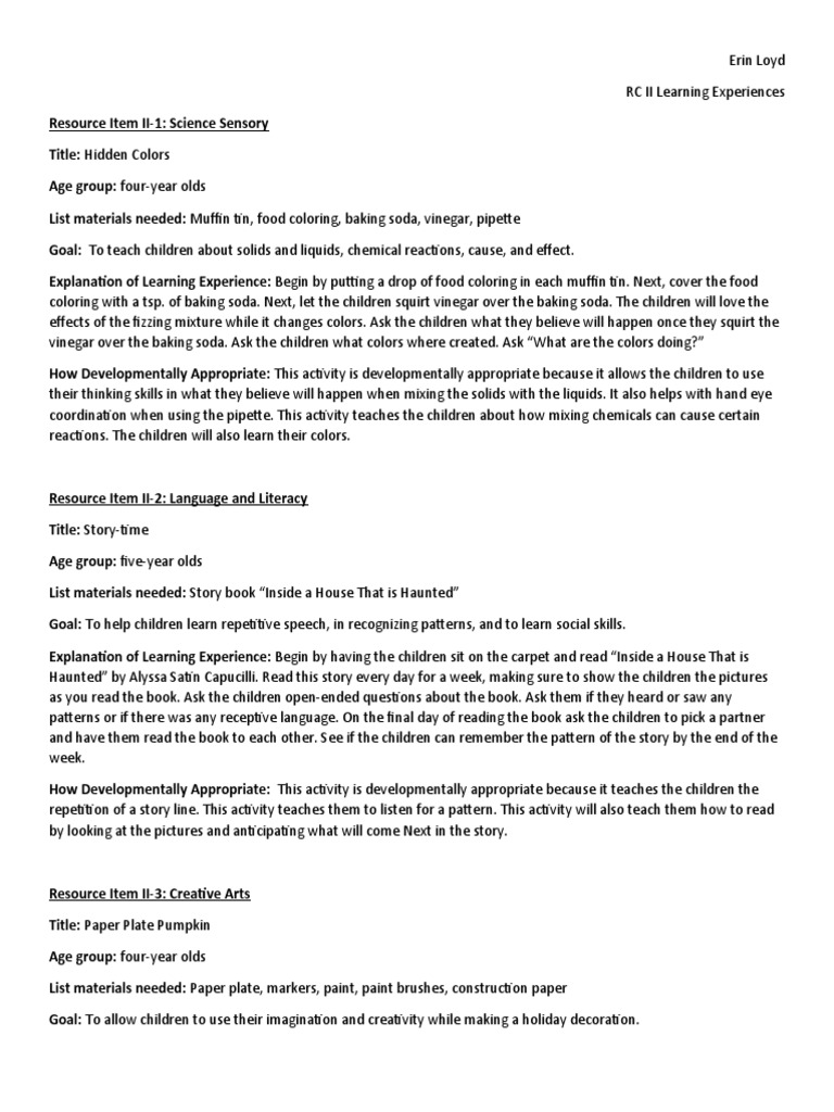 Erin Loyd-RCII Learning Experiences | PDF | Scissors | Self Concept