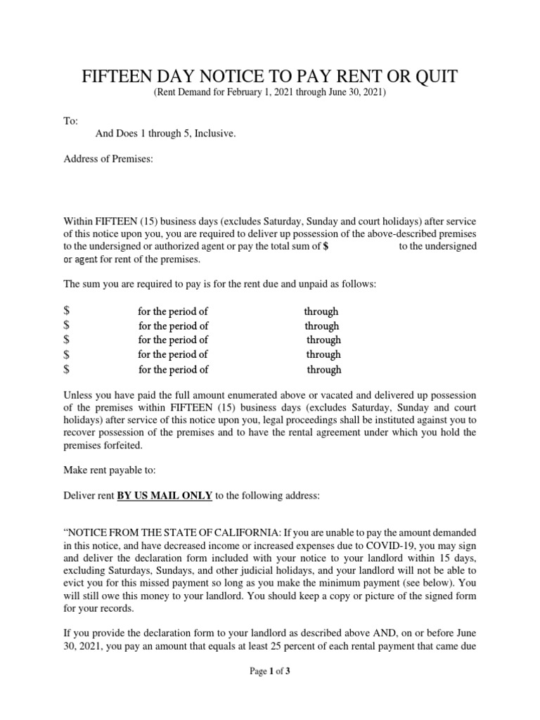 Fifteen Day Notice To Pay Rent or Quit: (Rent Demand For February 1 ...