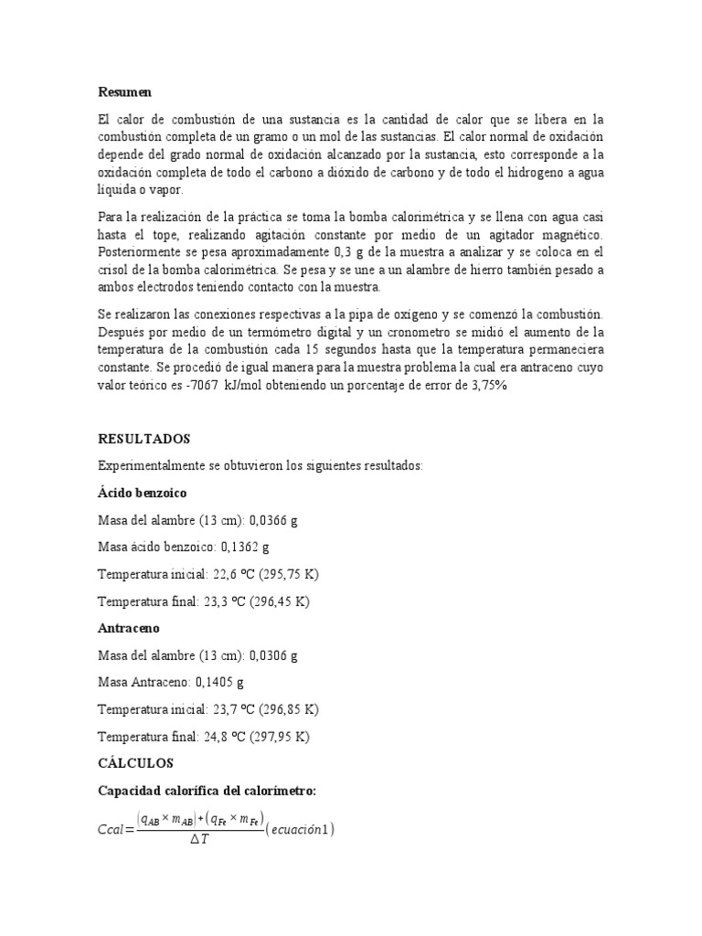 Calor de Combustion #2 | PDF | Entalpía | Reacciones químicas