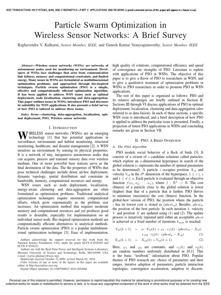 Particle Swarm Optimization In Wireless Sensor Networks A Brief Survey Pdf Wireless Sensor
