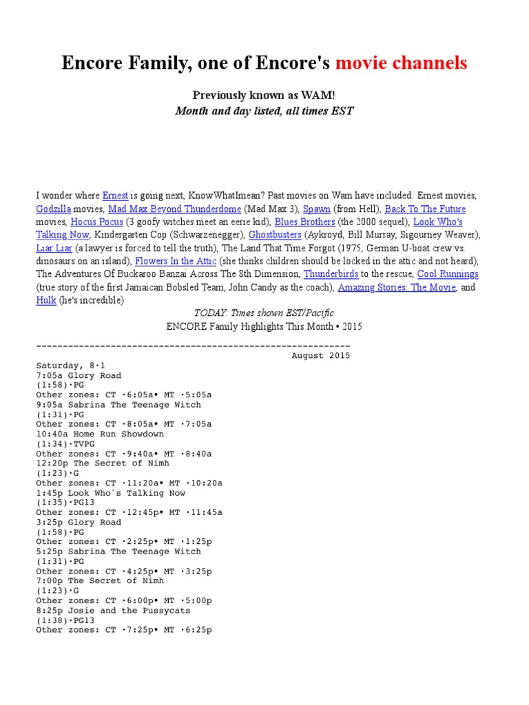 Encore Family, Previously Known As Wam, For August 2015 | PDF