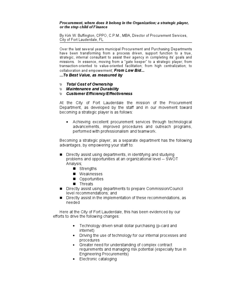 Procurement StandAlone Article REV | PDF | Procurement | Swot Analysis