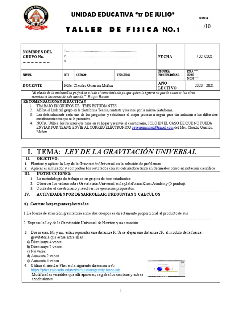 Taller - 1 - Física - Ley - de - Gravitacion - Universal - 2Q - 1ra, Parcial | PDF | Masa | Gravedad