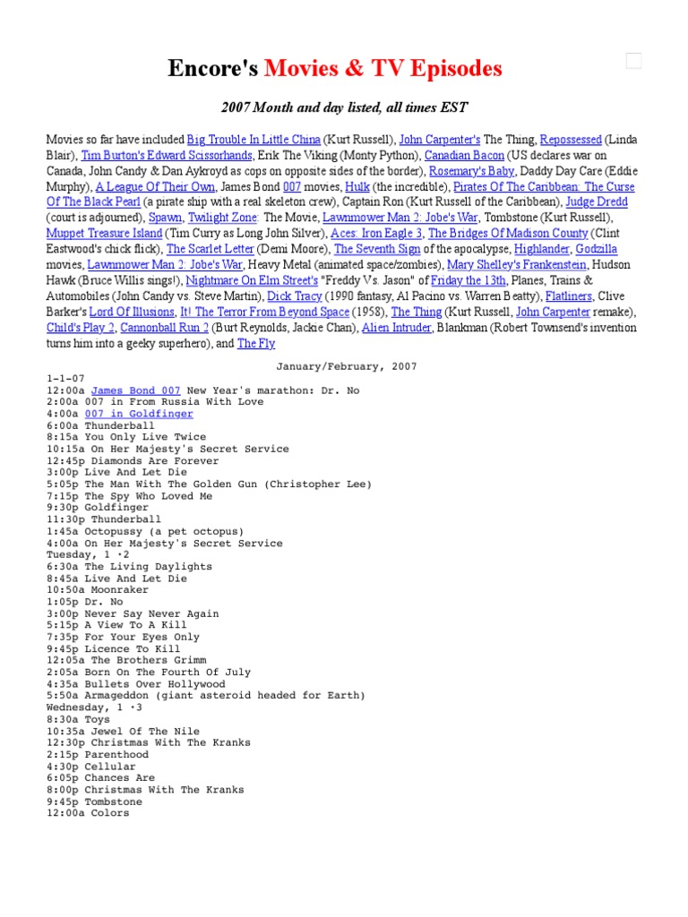 Encore Schedule, Jan-February 2007 | PDF | Mystery, Thriller & Crime ...