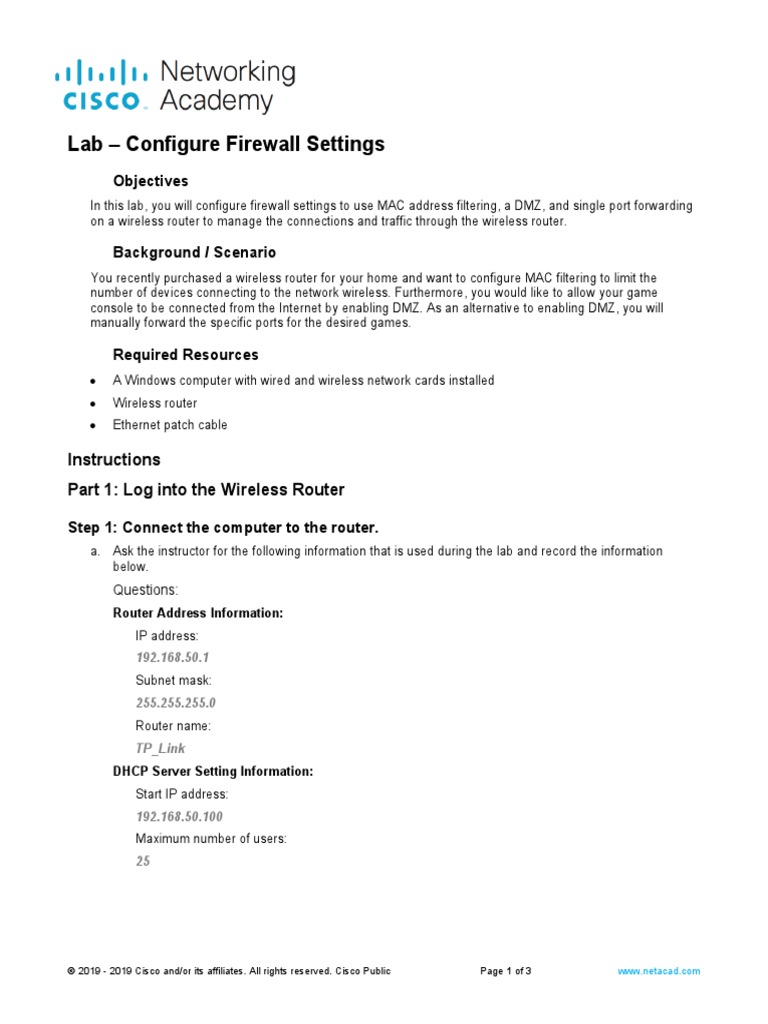 6 1 4 8 Lab Configure Firewall Settings Pdf Port Computer Networking Router Computing