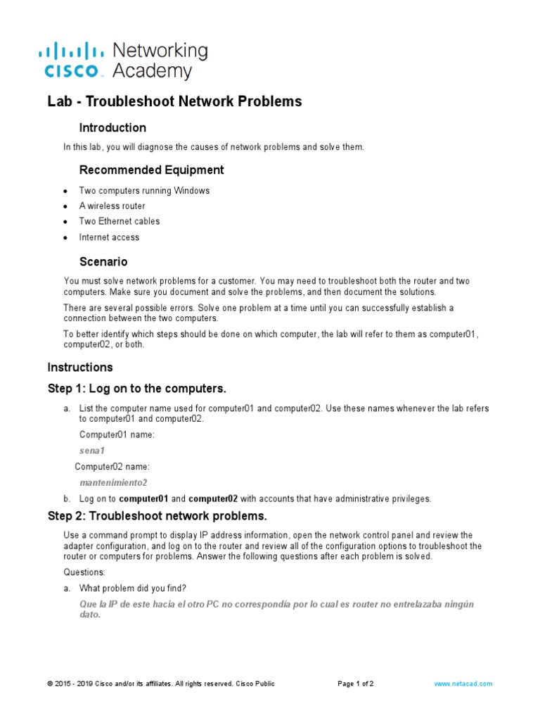 6.2.2.5 Lab - Troubleshoot Network Problems | PDF | Router (Computing) | Computer Network