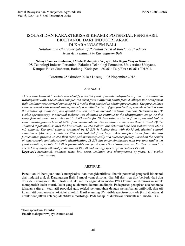 Isolasi Khamir Penghasil Bioetanol Bali | PDF | Chemistry | Nature