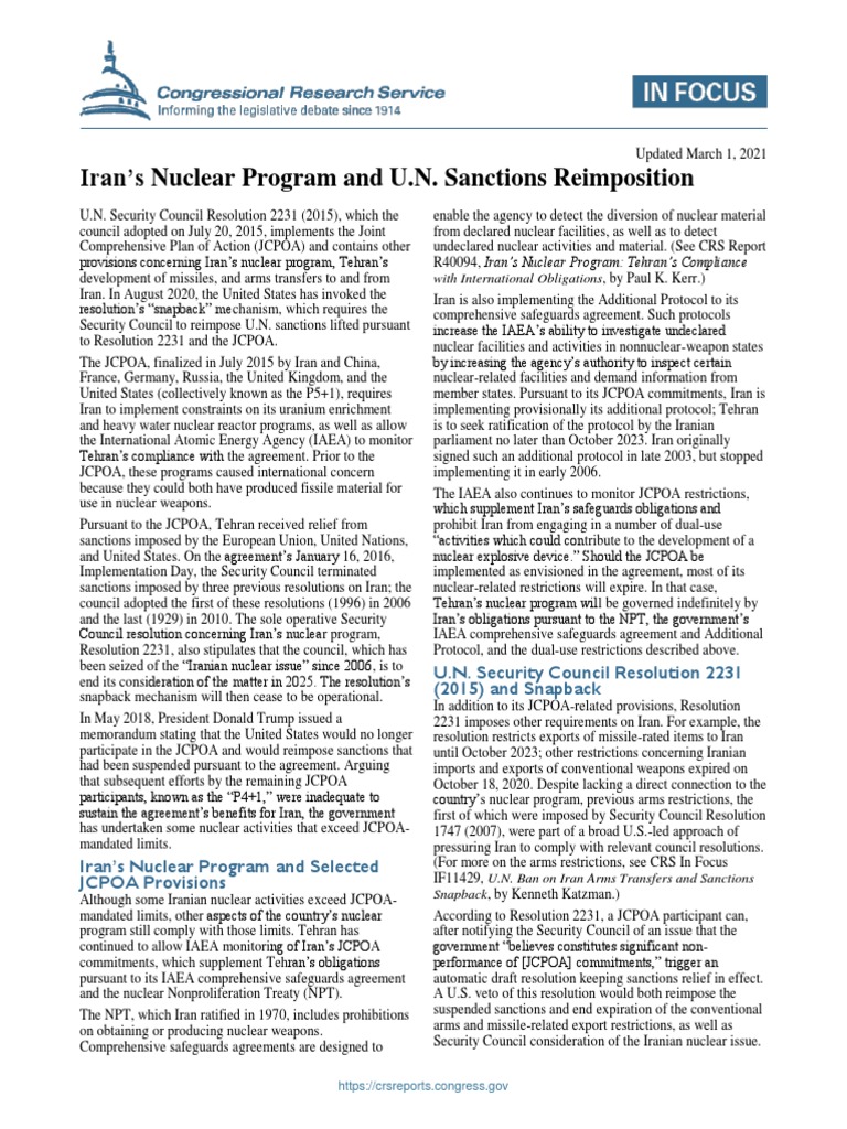Iran's Nuclear Program and U.N. Sanctions Reimposition | PDF | Joint ...