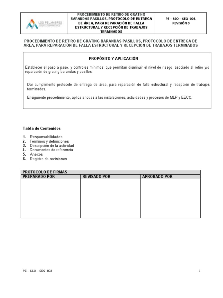 Pe-Sso-Seg-003 Procedimiento de Retiro de Grating Baranda y Pasillos ...