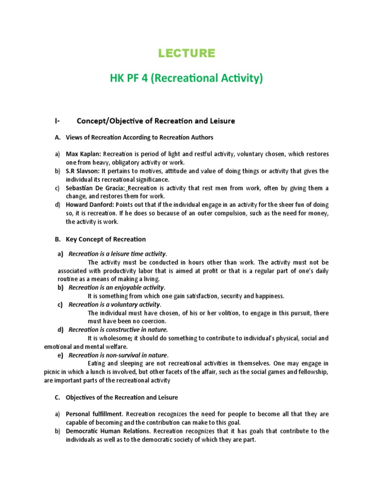 HK PF 4 (Recreational Activity) : I-Concept/Objective of Recreation and ...