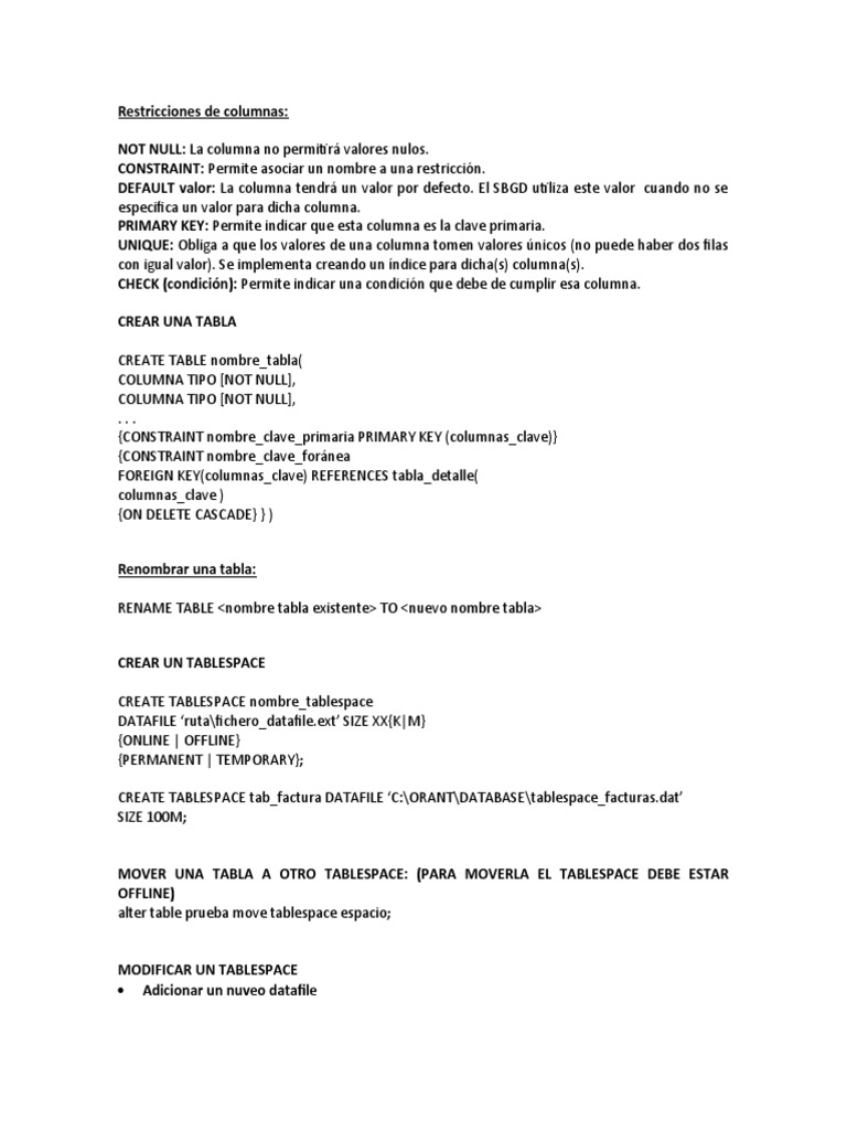 Tablespace | PDF | SQL | Bases de datos