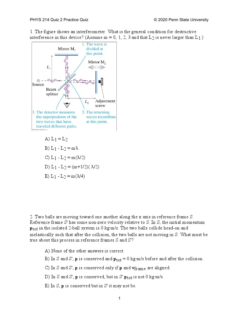 PHYS 214 Quiz 2 PE | PDF | Refraction | Optics