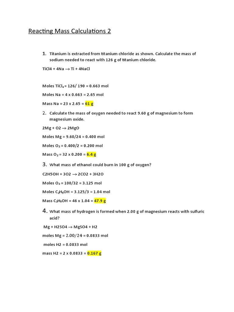 Reacting Mass Calculations 2 | PDF