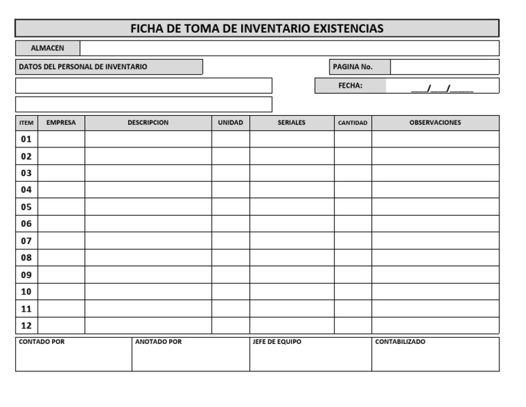 Ficha de Toma de Inventario Existencias | PDF