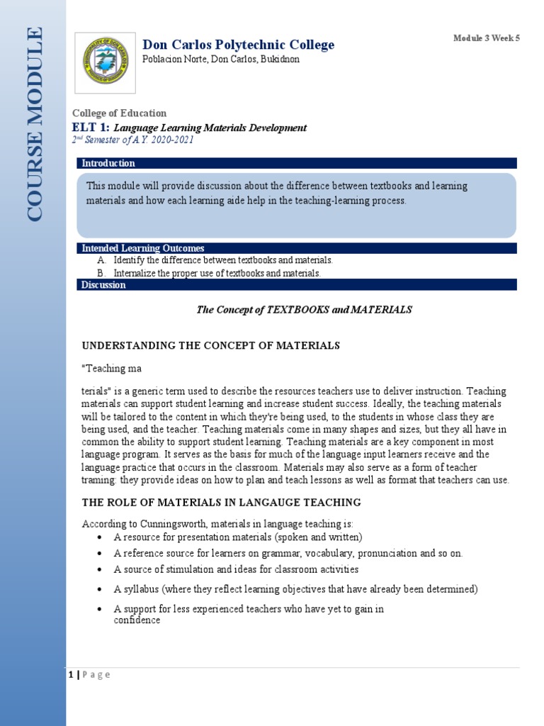 Course-Module - ELT 3 Week 5 | PDF | Textbook | Teachers