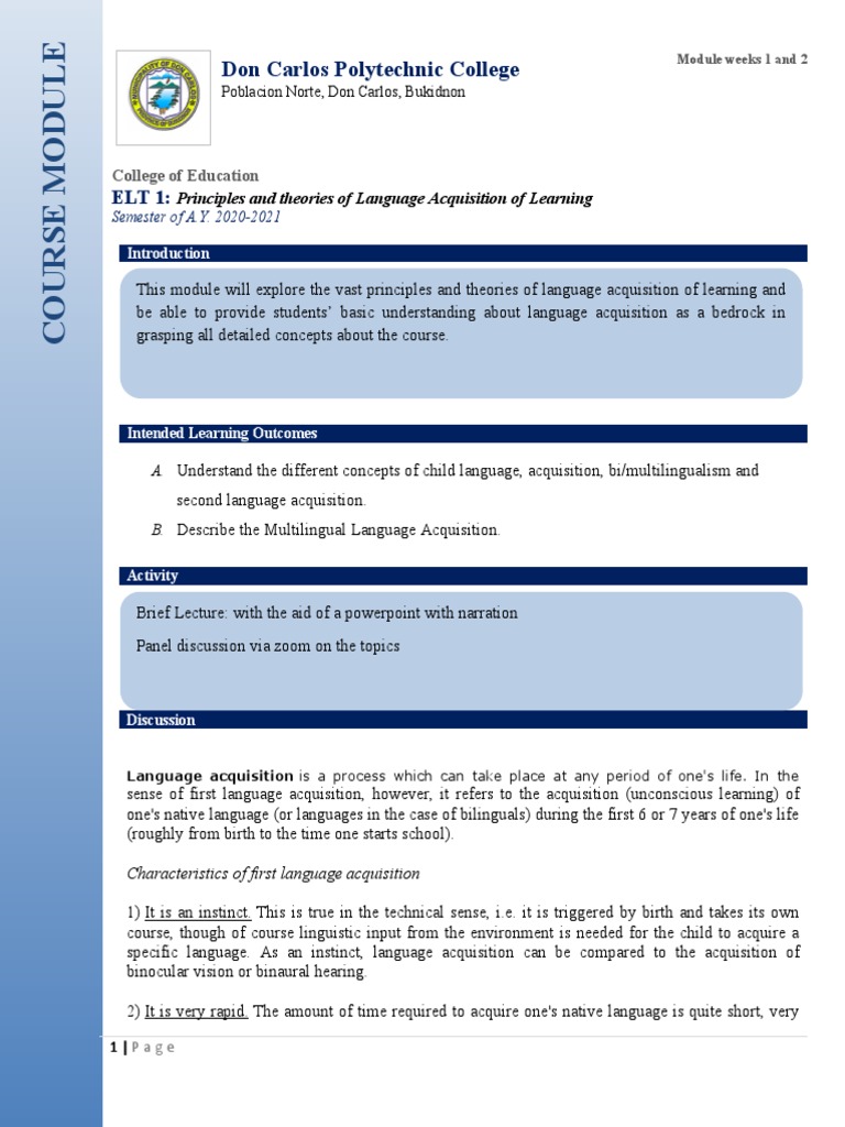 Course-Module - ELT 1 WEEK 2 | PDF | Second Language | Language Acquisition