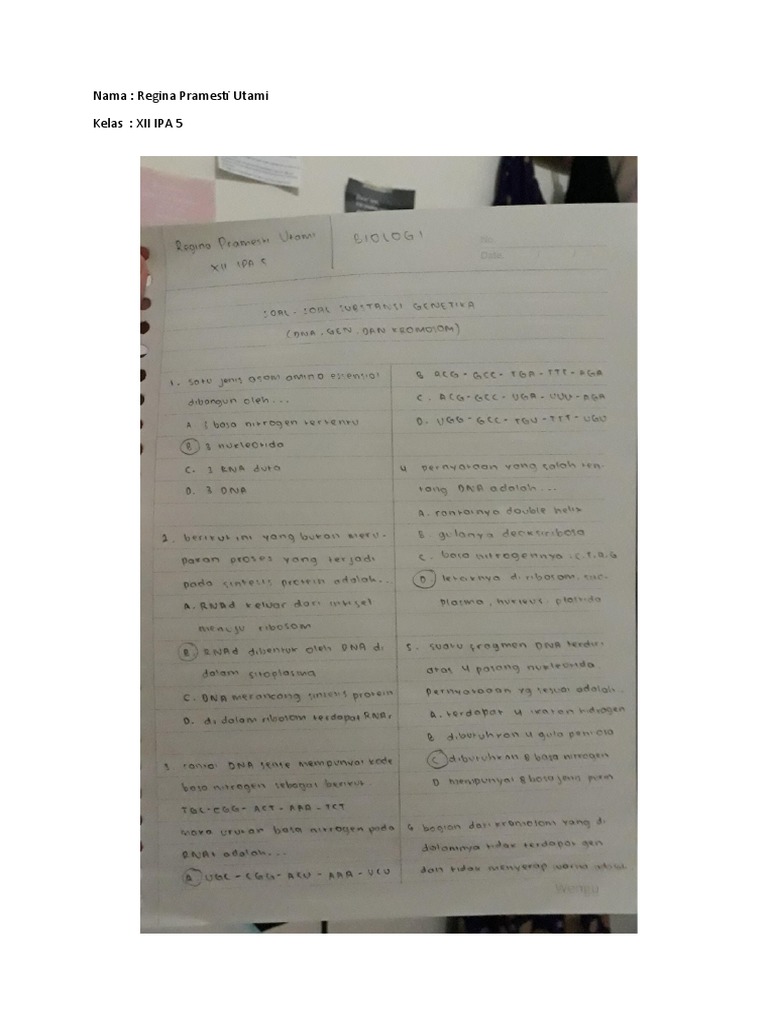 Soal Substansi Genetika Regina Pramesti U 12 Ipa 5 | PDF