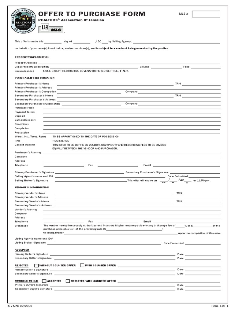 Offer To Purchase Form-Fillable | PDF | Real Estate Broker | Law And ...