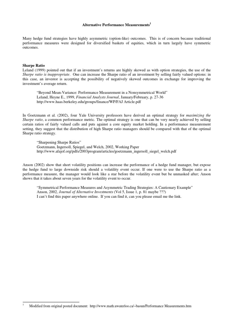Alt Perf Measures | PDF | Sharpe Ratio | Beta (Finance)