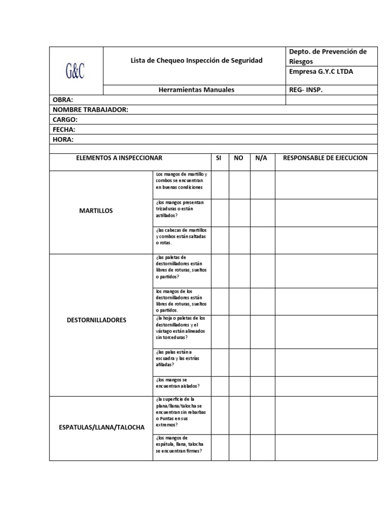 Lista de ChequEO HERRRMAIENTAS MANUALES | PDF | Herramientas | Equipo