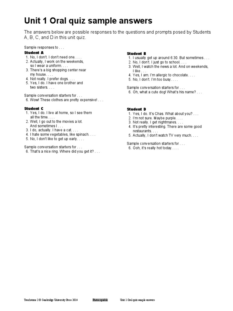 Unit 1 Oral Quiz Sample Answers | PDF