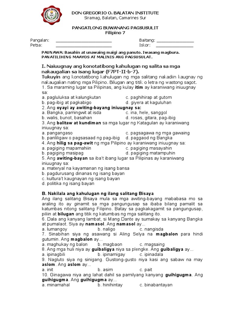 3RD MONTHLY Exam-FIL Grade 7 | PDF