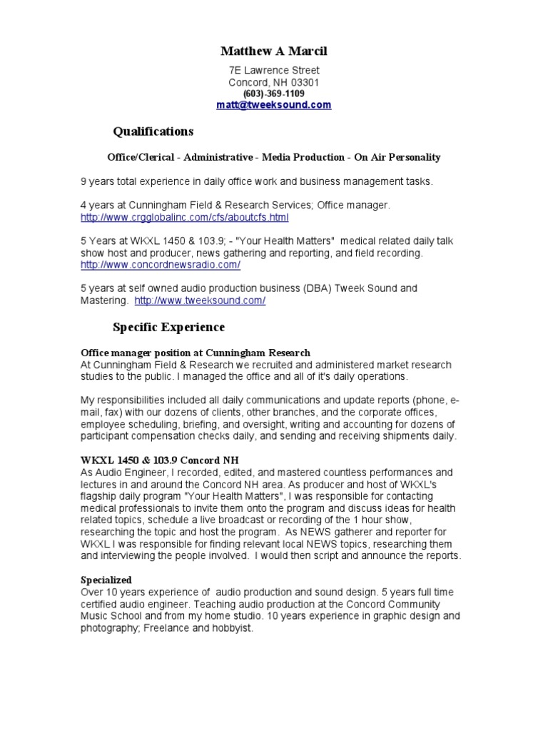 Matthew A Marcil Resume | PDF | Sound Recording And Reproduction ...