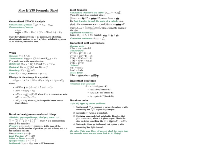 Formula Sheet | PDF | Thermal Conduction | Heat