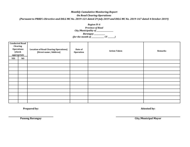 Barangay Road Clearing Monthly Report | PDF