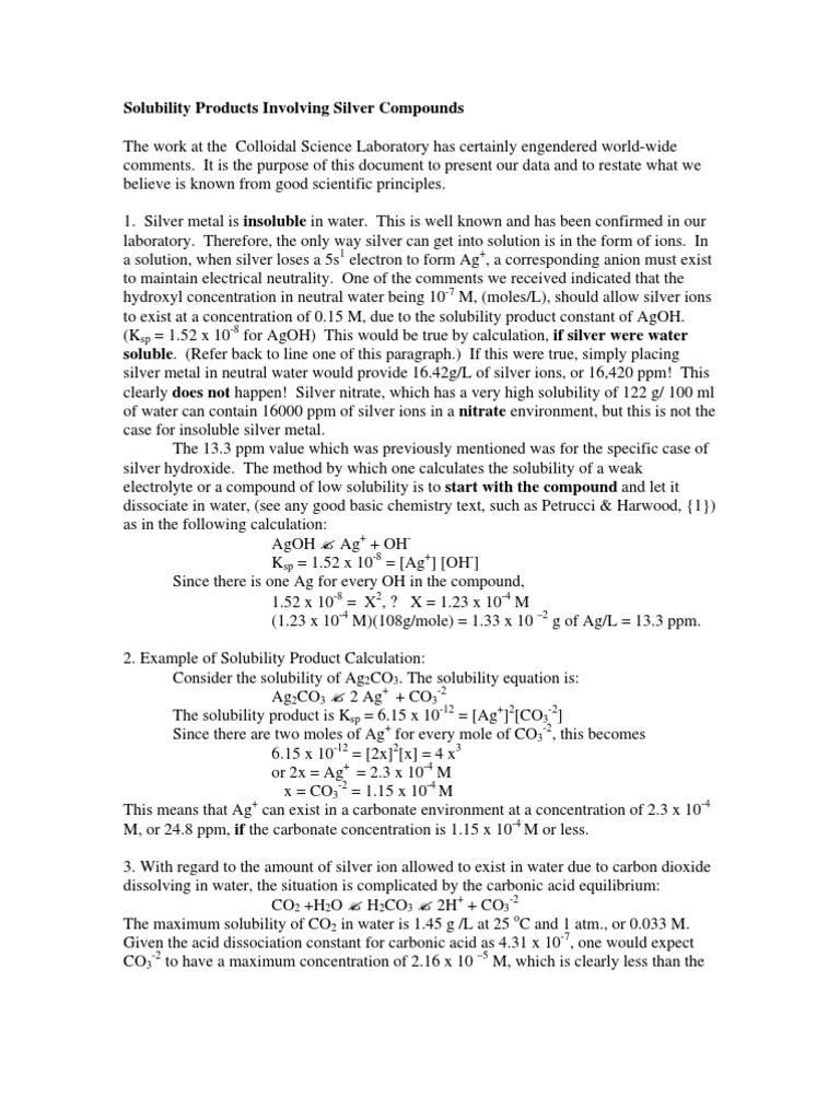 Silver Compounds Solubility Products | PDF | Carbonate | Solubility