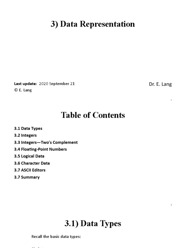3) Data Representation: Dr. E. Lang | PDF | Integer (Computer Science) | Data Type