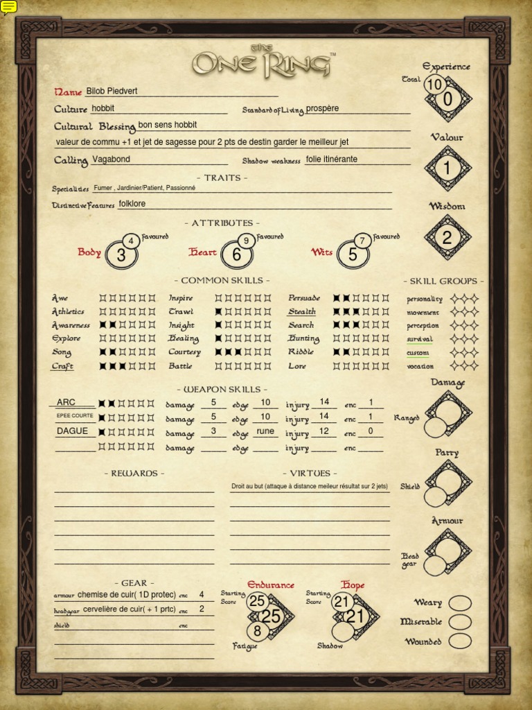 The One Ring Character Sheet Editable v. 1.1 | PDF