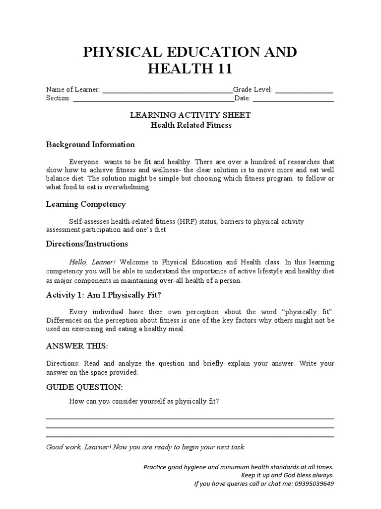 Physical Education and Health 11: Learning Activity Sheet Health ...