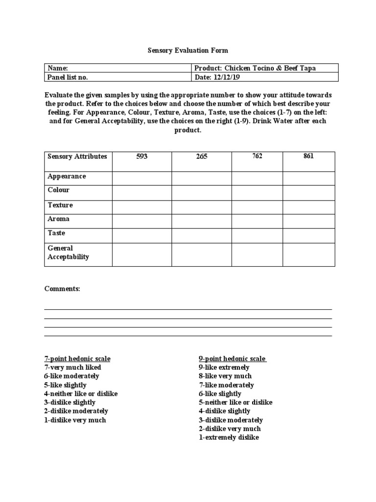 Sensory Evaluation Form | PDF