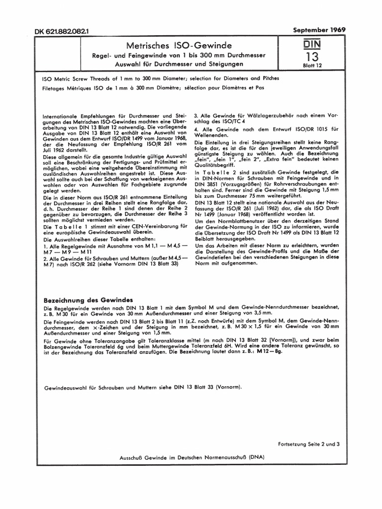 (DIN 13-12 - 1969-09) - Metrisches ISO-Gewinde, Regel - Und Feingewinde Von 1 Bis 300 MM ...