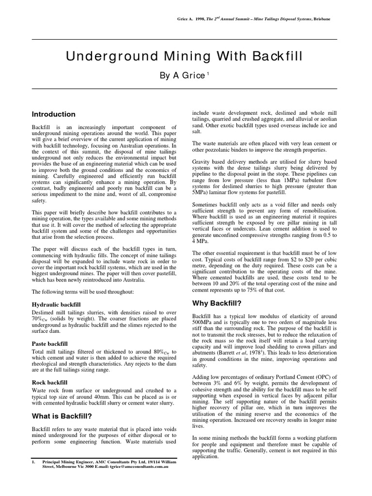 Underground Mining Backfill Systems | PDF | Mining | Cement