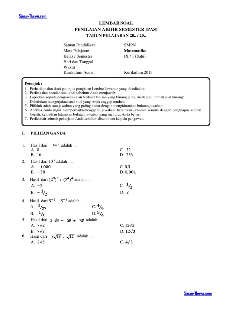 Matematika PAS SMP Kelas IX Semester 1 | PDF