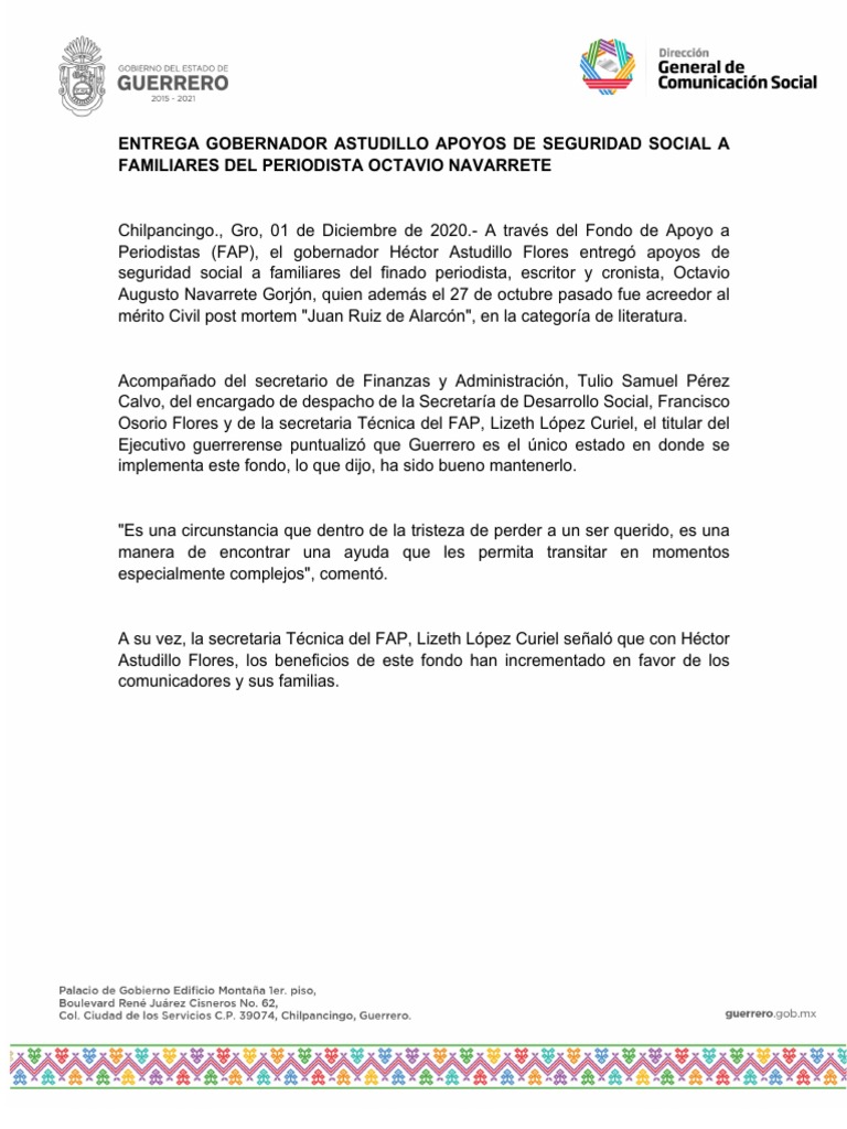 01-12-2020 Entrega Gobernador Astudillo Apoyos de Seguridad Social A ...