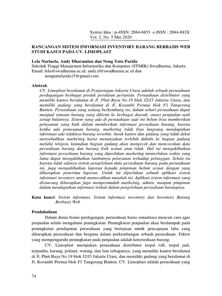 Rancangan Sistem Informasi Inventory Barang Berbasis Web Studi Kasus Pada Cv. Limoplast Lela ...