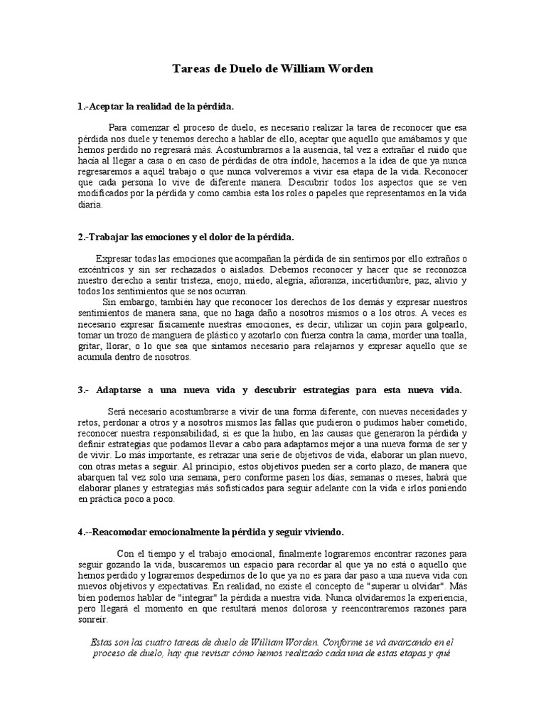 Las Tareas de Duelo de William Worden | PDF | Dolor | Las emociones